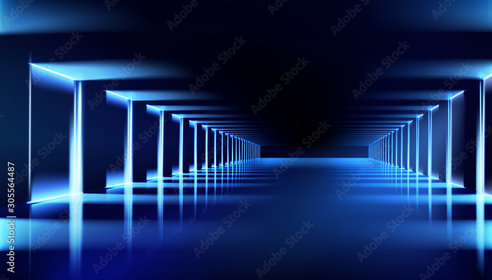 Illuminated hall. Dark room with brightly lit neon lamps. Lighting ...