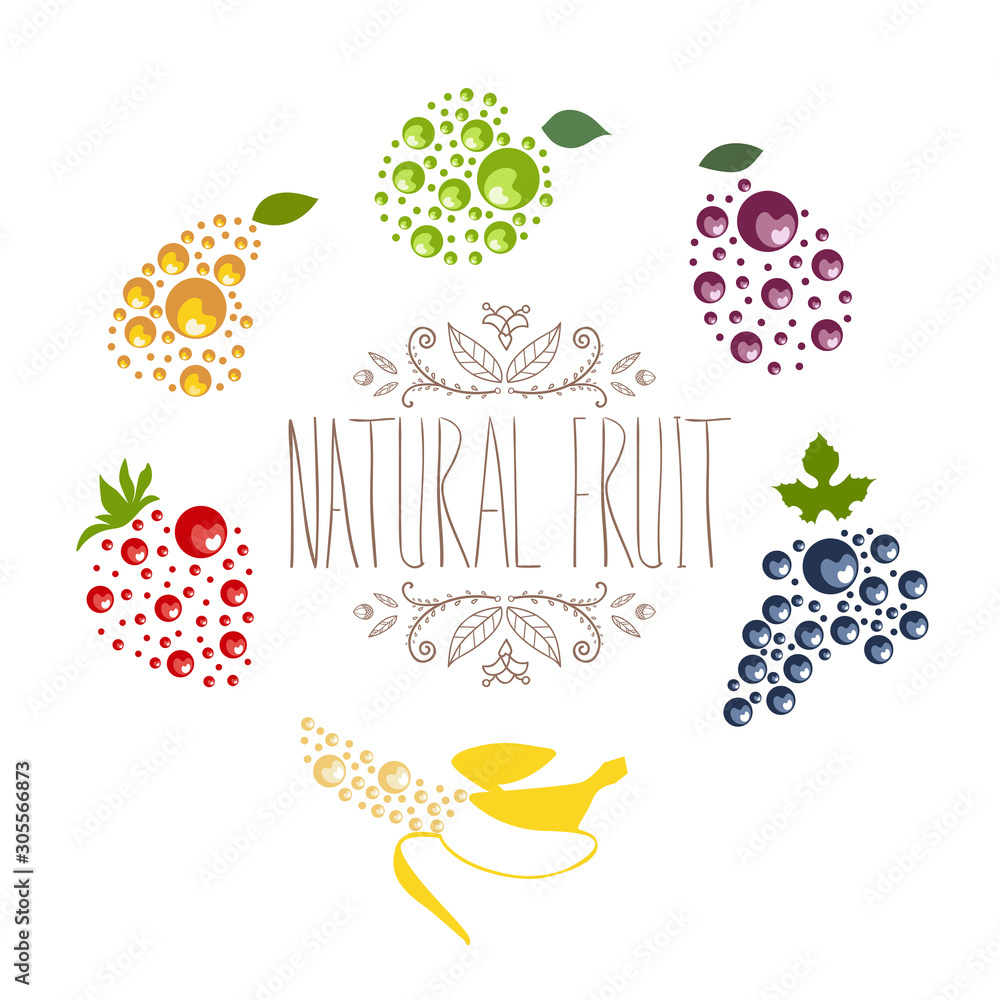 Natural fruit logo with grape, banana, apple, pear, strawberry and plum ...