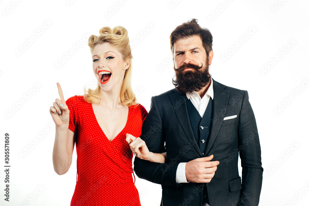 Funny retro couple. Family photo of emotional young couple isolated at ...