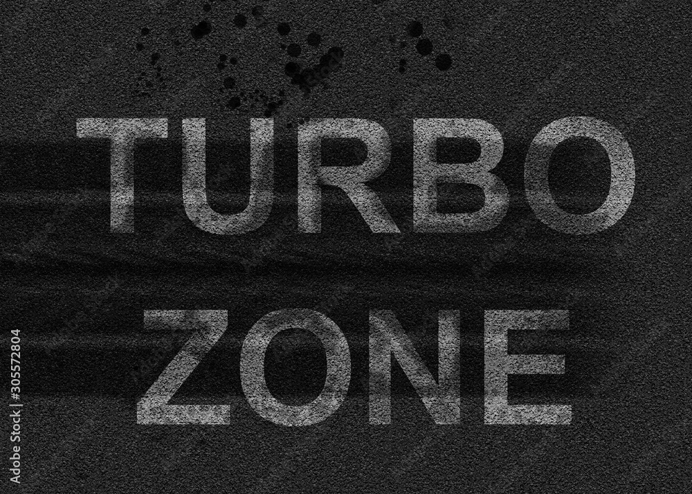 Turbo zone words painted on asphalt . Burned Tire marks on the road ...