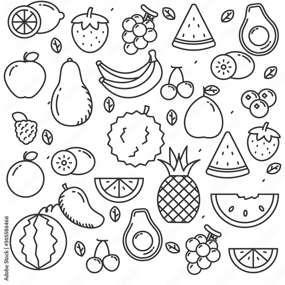 Hand drawn doodle fruit. Set of fruit vector illustration with cute ...