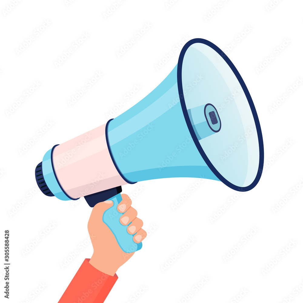 Human hand holding electronic megaphone, loudspeaker, horn speaker ...