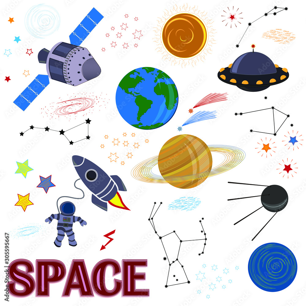 Vector illustration of cosmic bodies on white background, space, vector ...