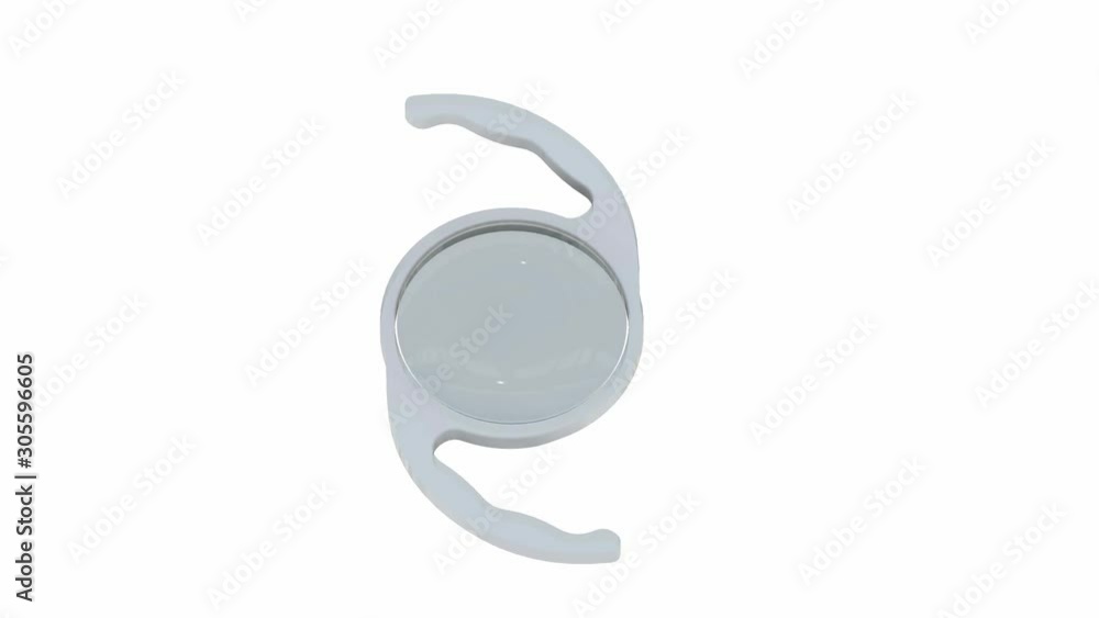 3D Illustration of a clear acrylic intraocular lens used in ophthlamic ...