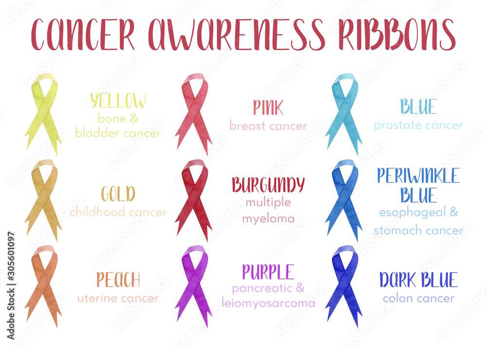 Watercolor awareness ribbons. Different color set of cancer ribbon ...