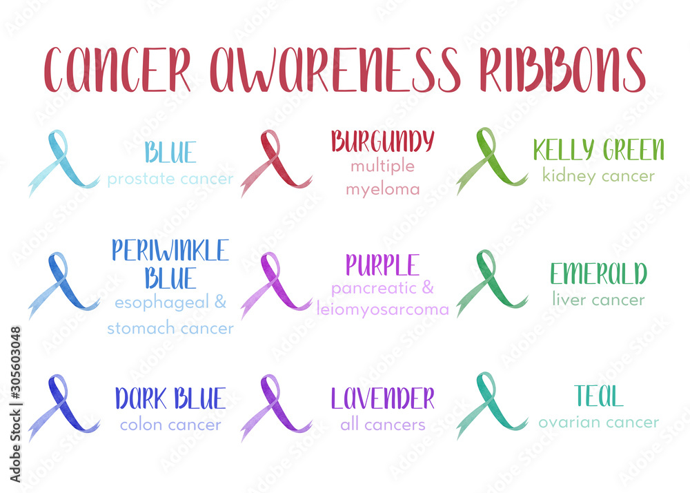 Watercolor awareness ribbons. Different color set of cancer ribbon ...
