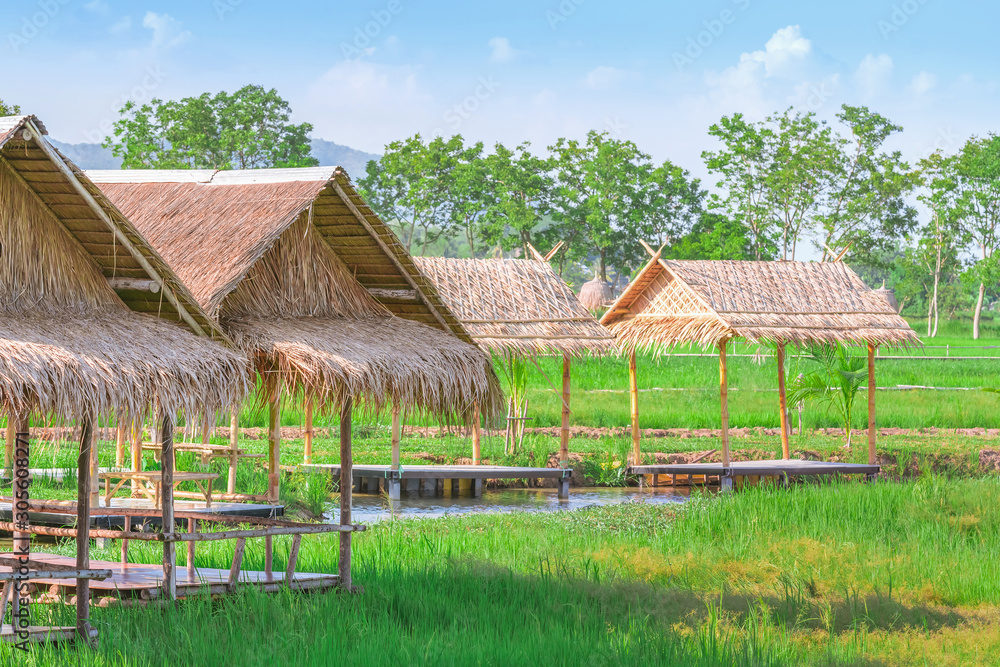 The resting huts constructed from bamboo and thatched roofs for ...