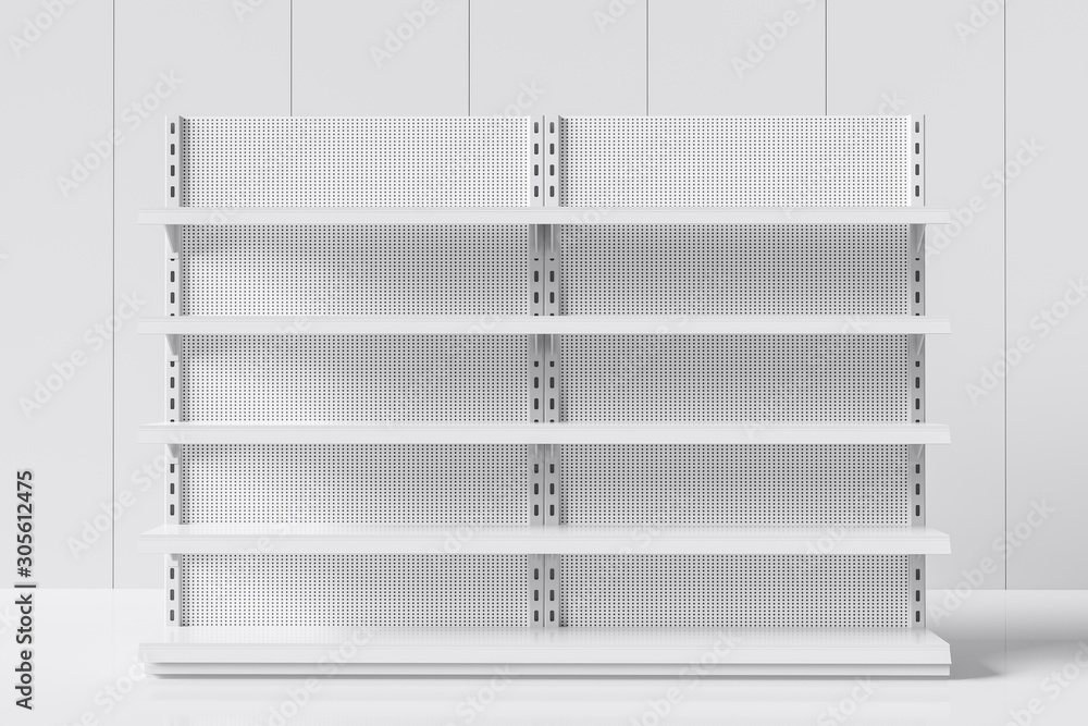 Realistic empty supermarket shelf on a white background. 3d rendering ...