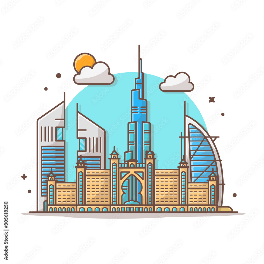 City Dubai Skyline Vector Illustration. UEA Urban Cityscape. Skyscraper ...