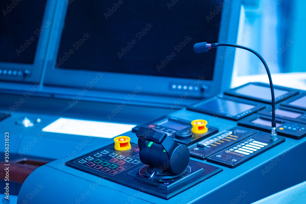 Place to control the ship. Captain's bridge. Helm of a modern ship ...