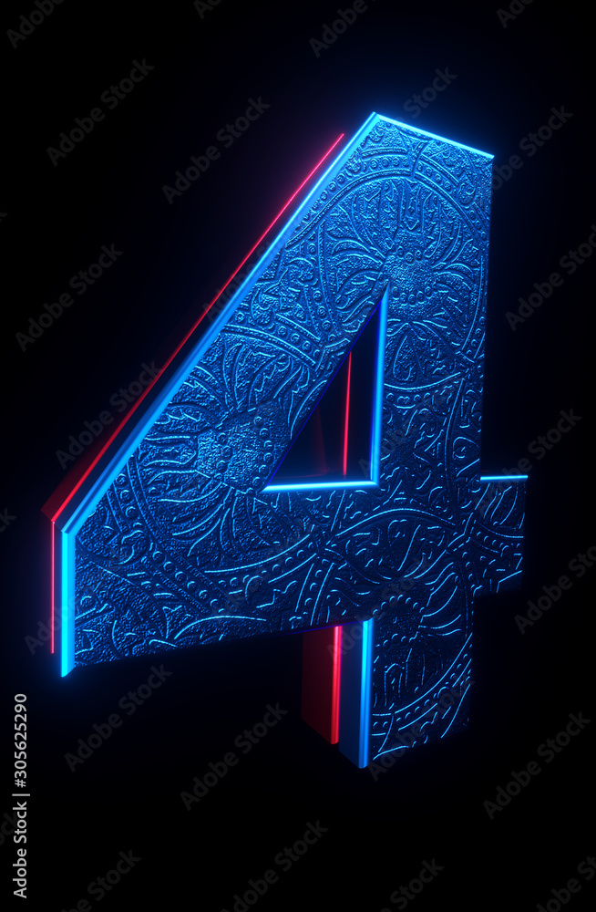 4 four Red/Blue Number with metallic Ornaments and black Background ...