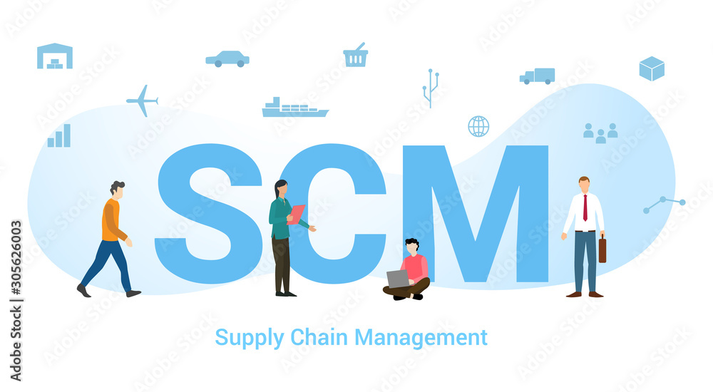 scm supply chain management concept with big word or text and team ...