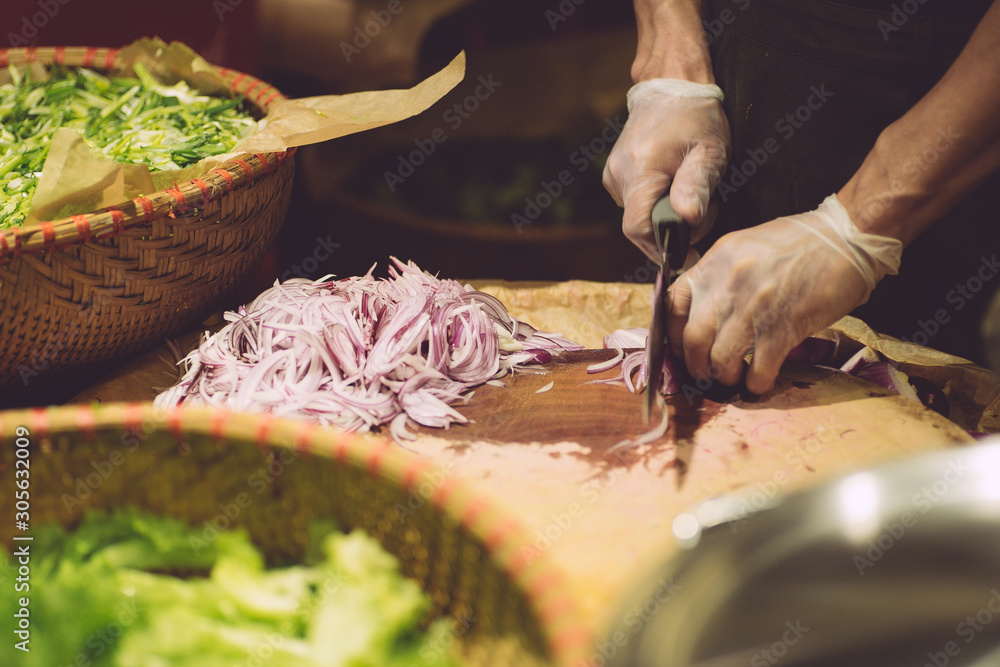 Vietnamese street food on the market in Vietnam. Asian food cooking ...