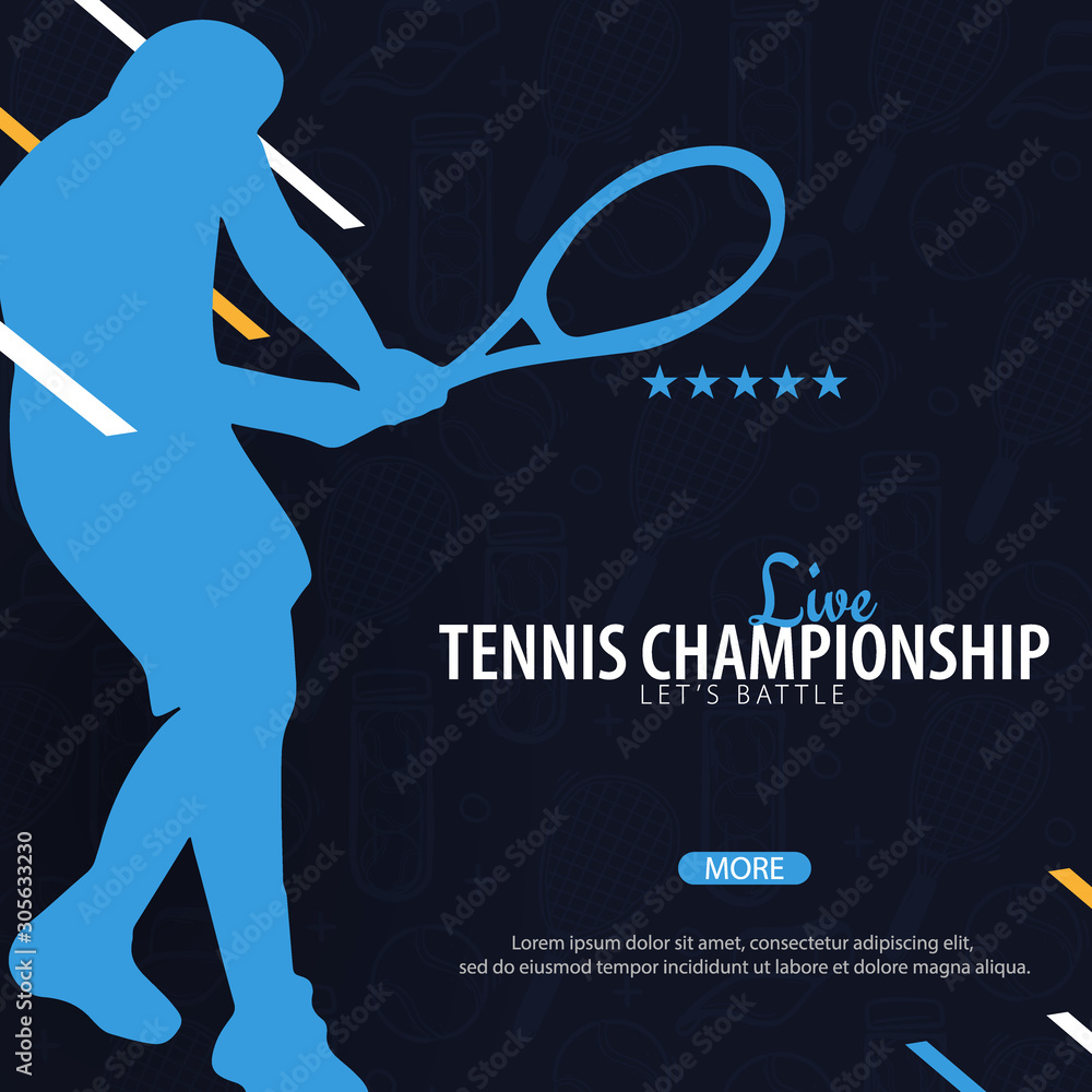 Tennis Championship banner, design with player and racquet on dark ...