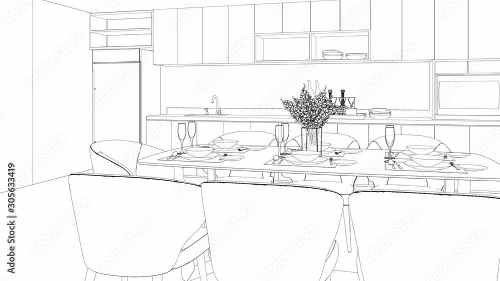 sketch of modern dining room, interior design, 3d animation video 4k ...