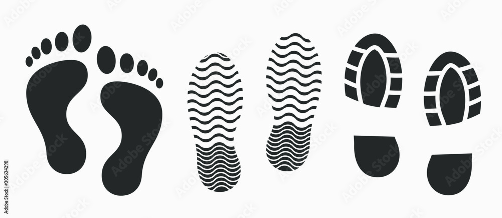 Black unique human footprints set isolated on white. Vector ...