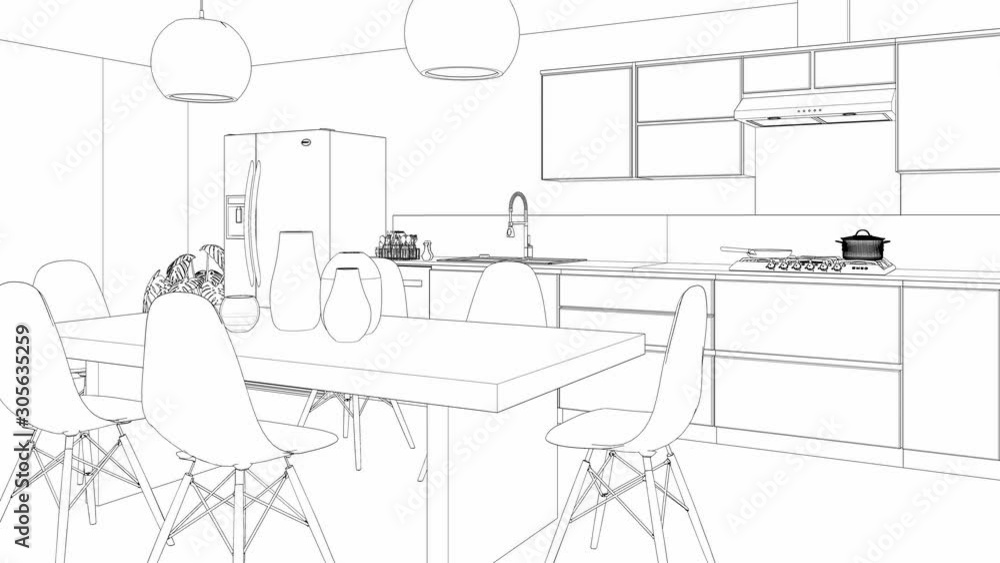 dining room interior design, sketch of modern house, 3d animation video ...