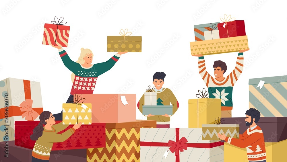 People and New Year gifts flat vector illustration. Family members ...