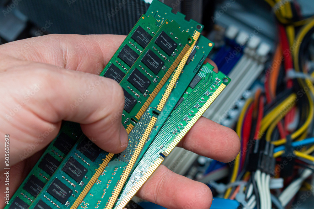 Installing ddr dimm memory, assembling personal computer in a service, hand upgrade. Stock Photo ...