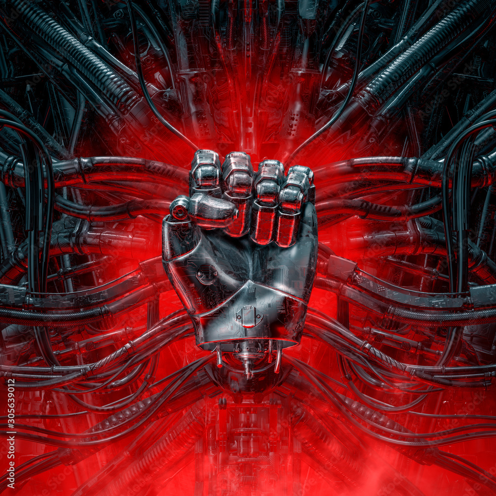 Fist of the gamer / 3D illustration of grungy metallic artificial robot ...