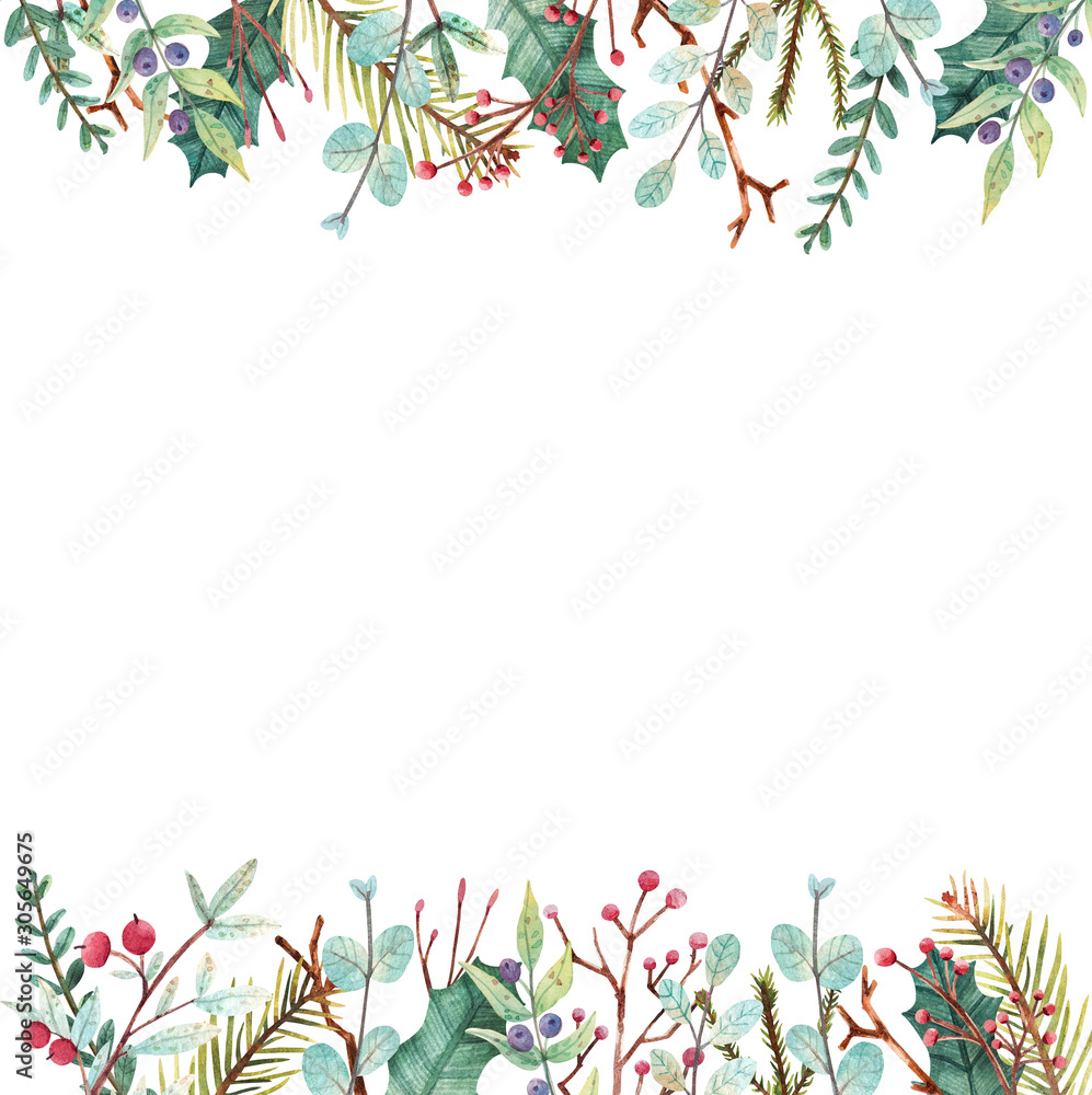 Watercolor Christmas frame. Hand-drawn Christmas border with winter ...