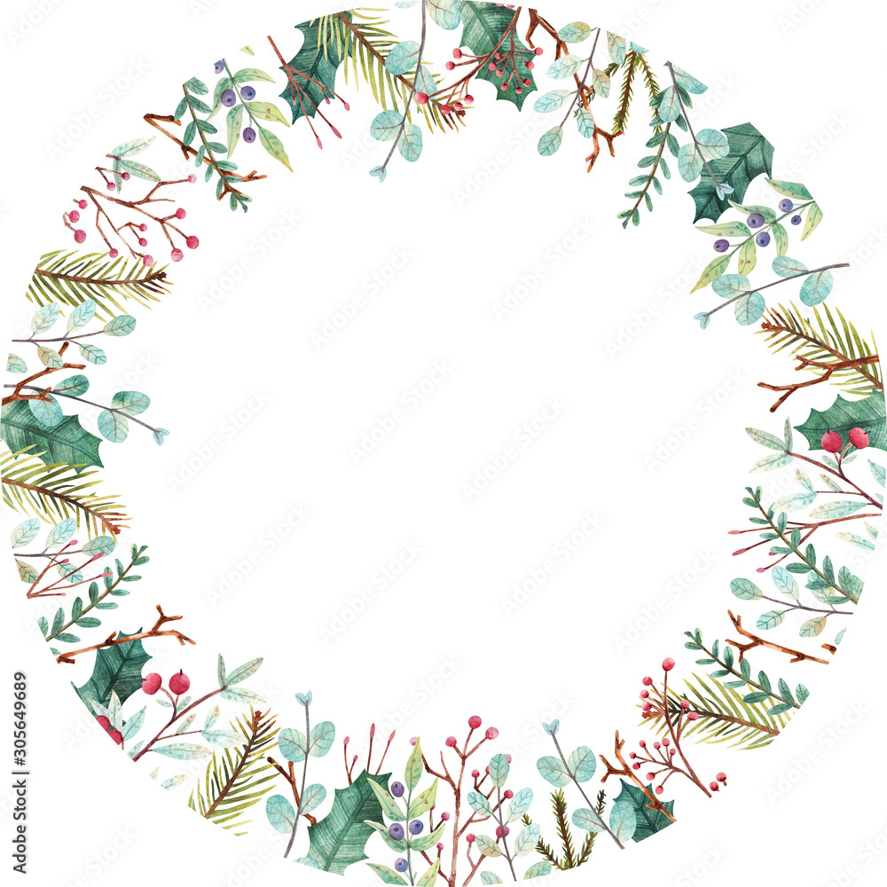 Watercolor Christmas frame. Hand-drawn Christmas border with winter ...