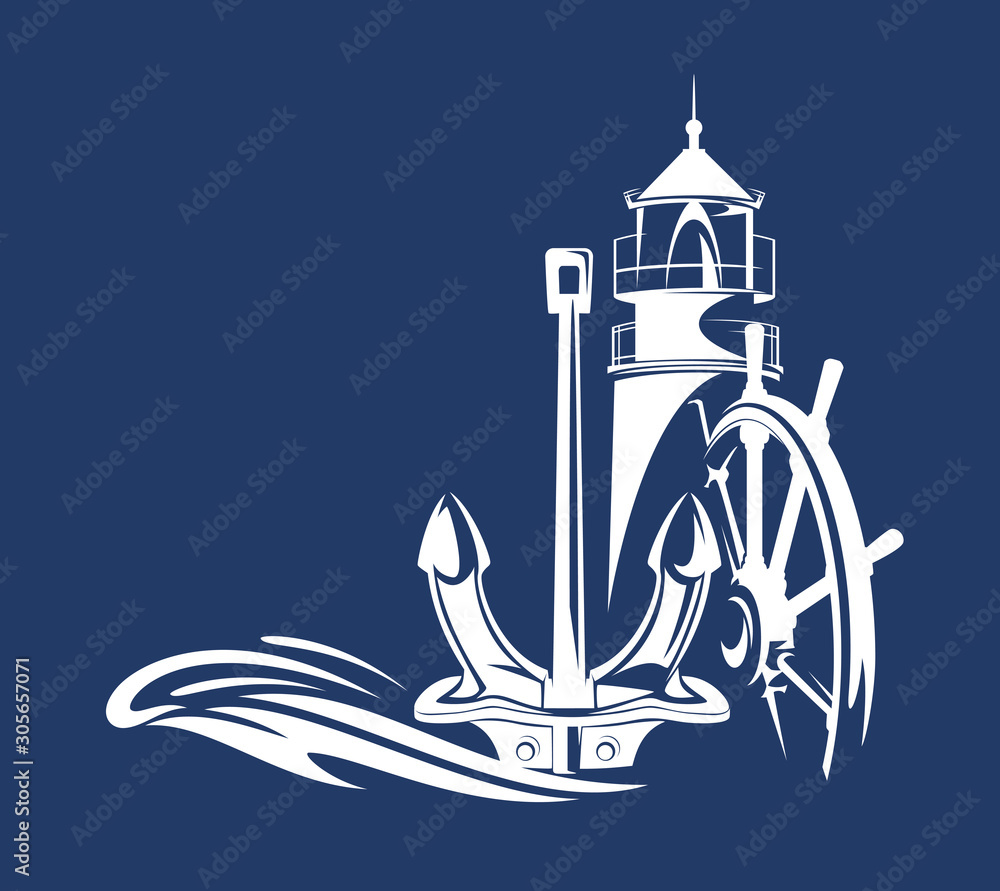 lighthouse,anchor,ship steering wheel and ocean wave - maritime sailing ...