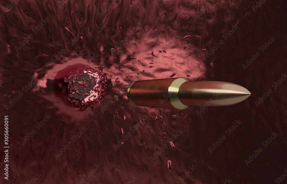 Bullet, shell flies through splash. 3d illustration render. Shooting ...
