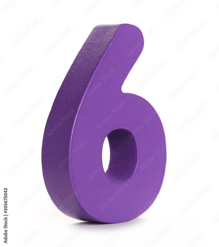 Purple educational number block 6 for children, isolated on white ...