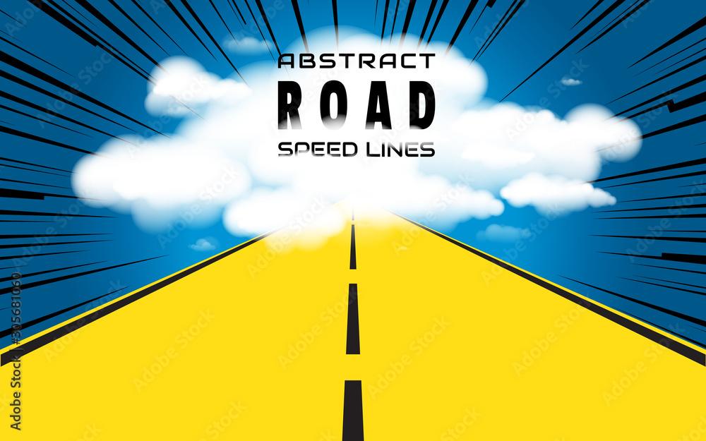Yellow road going to clouds. Background with speed lines and space for ...