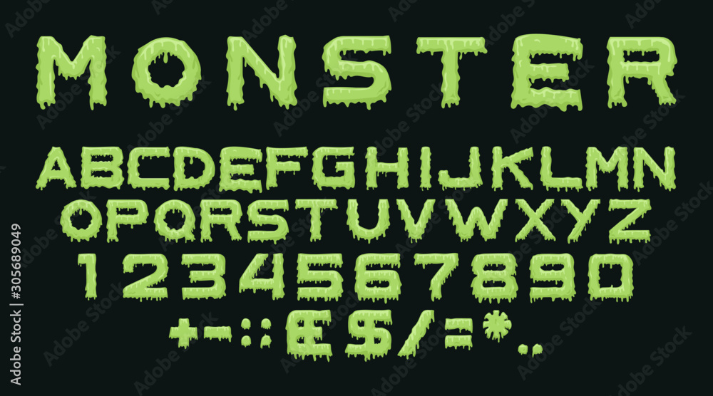 Monster type. Vector spooky alphabet with drops of flowing slime. Scary ...
