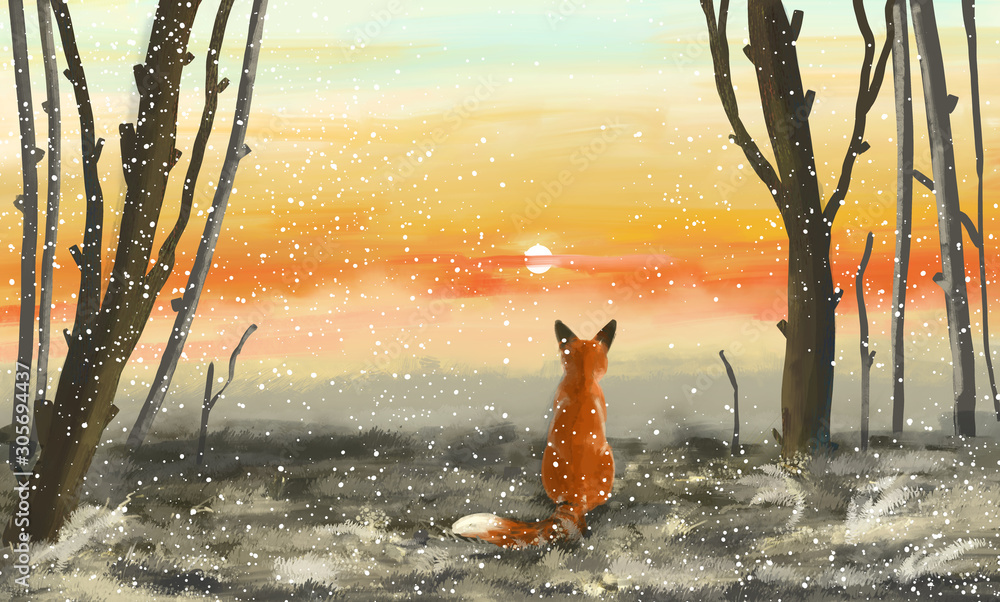 Winter forest with sunset and fox. The fox sits in the winter forest ...