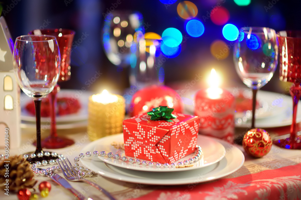 Beautiful table setting for Christmas party or New Year celebration at ...