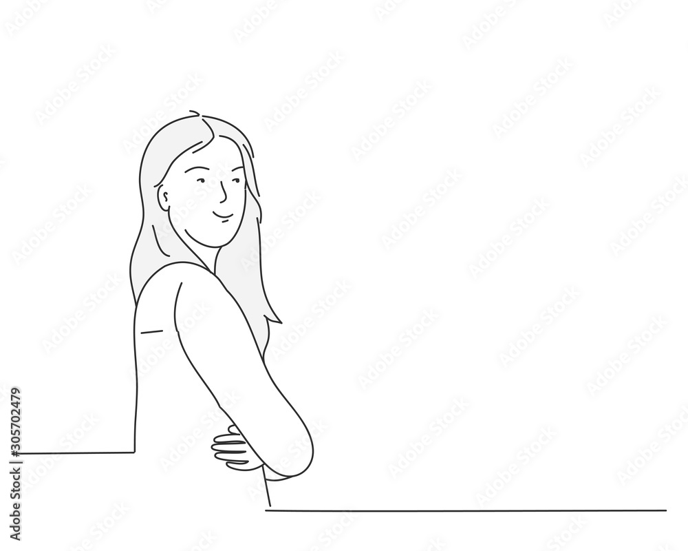 Woman standing pose in side profile. Line drawing vector illustration ...