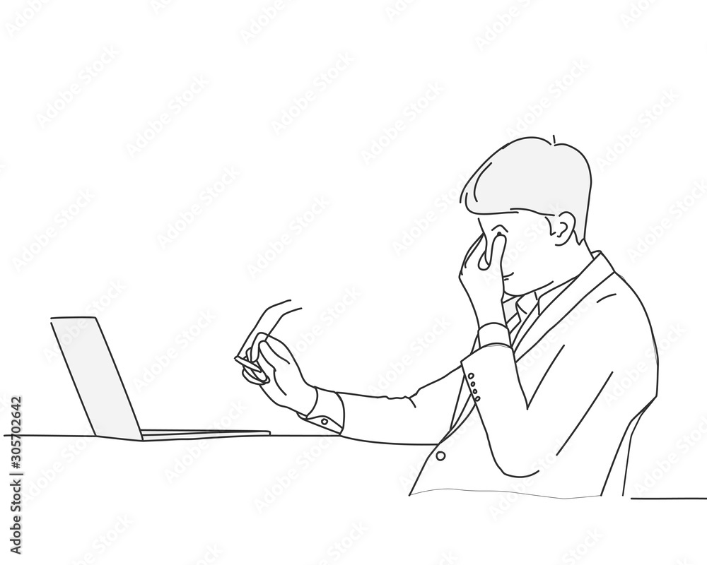 Sketch of businessman feeling sick and tired. Line drawing vector ...