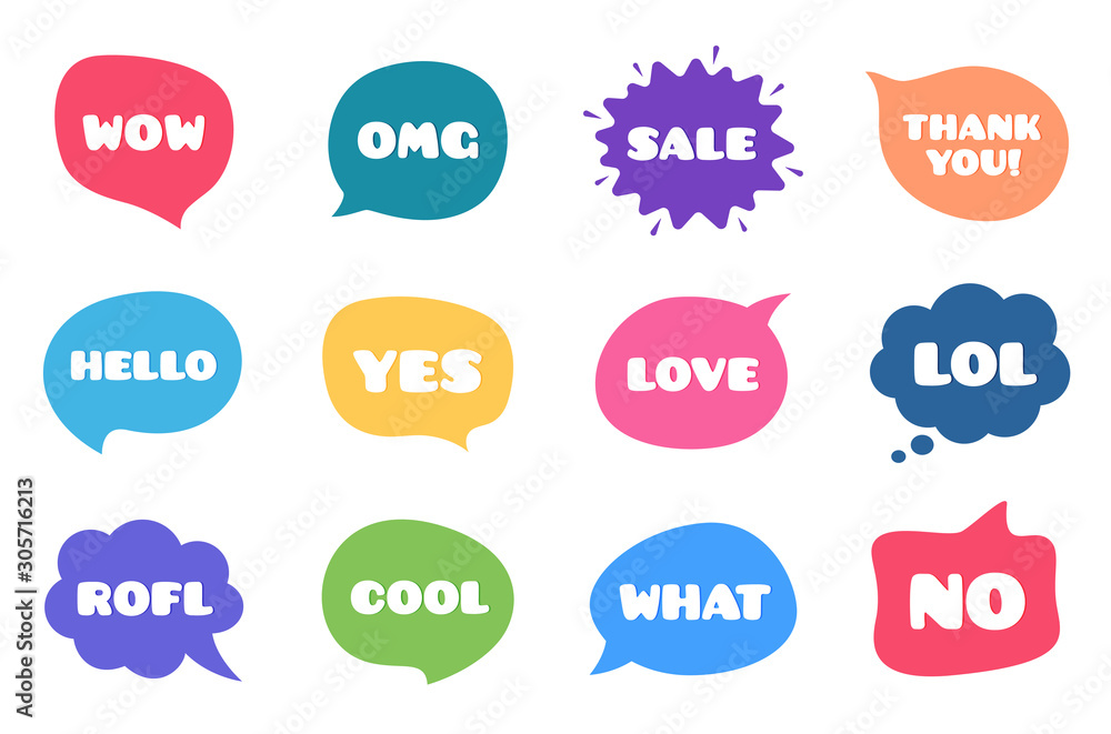 Chat bubble talk phrases. Clouds with different words. Speech bubbles ...