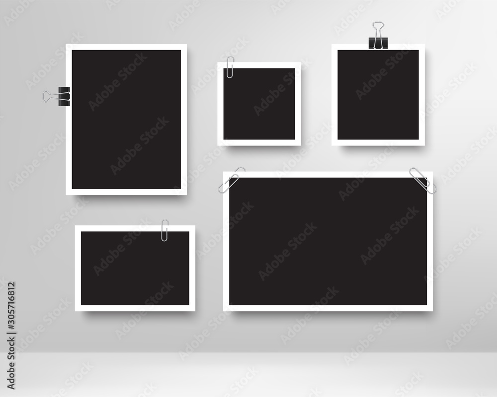 Realistic photo frames. Blank photos frame with paper clips, wall ...
