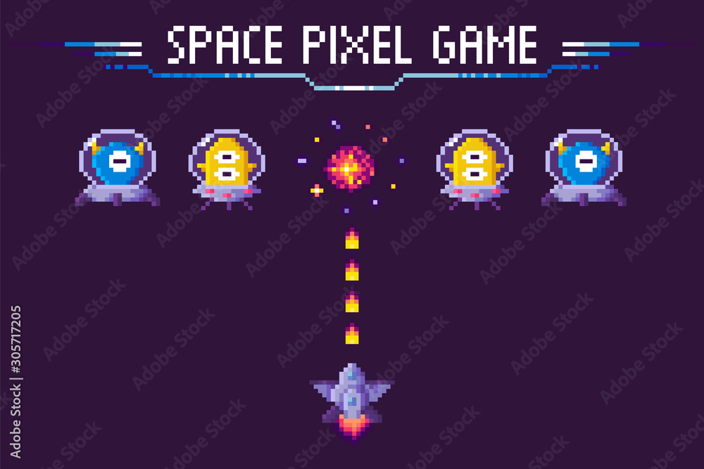 Space pixel game, rocket shooting to ufo, war between spaceship and ...