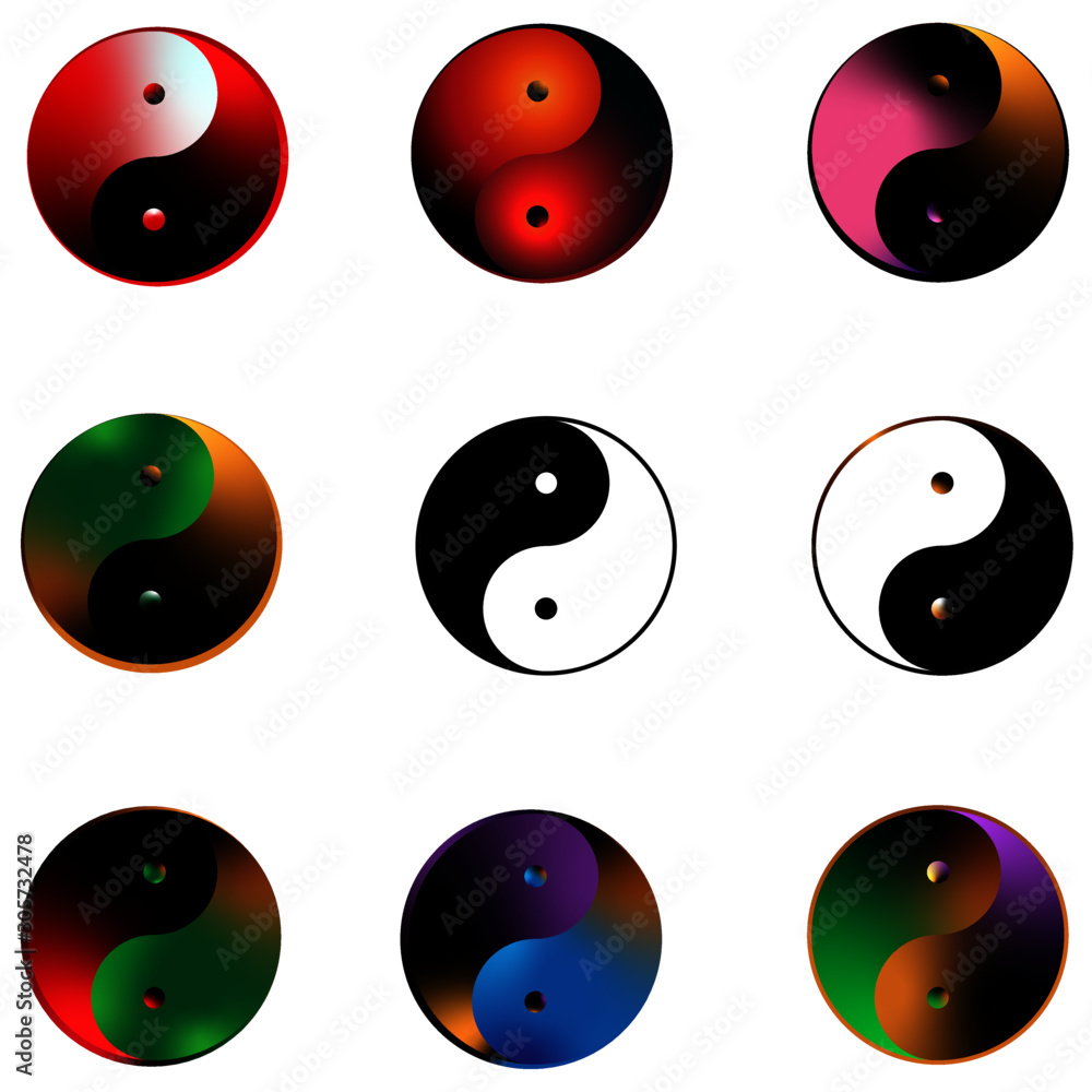 Yin-Yang with 9 different in shades of multicolours in white background ...