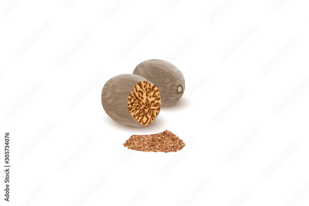 Nutmeg whole and crushed powder. Spices isolated on white background ...