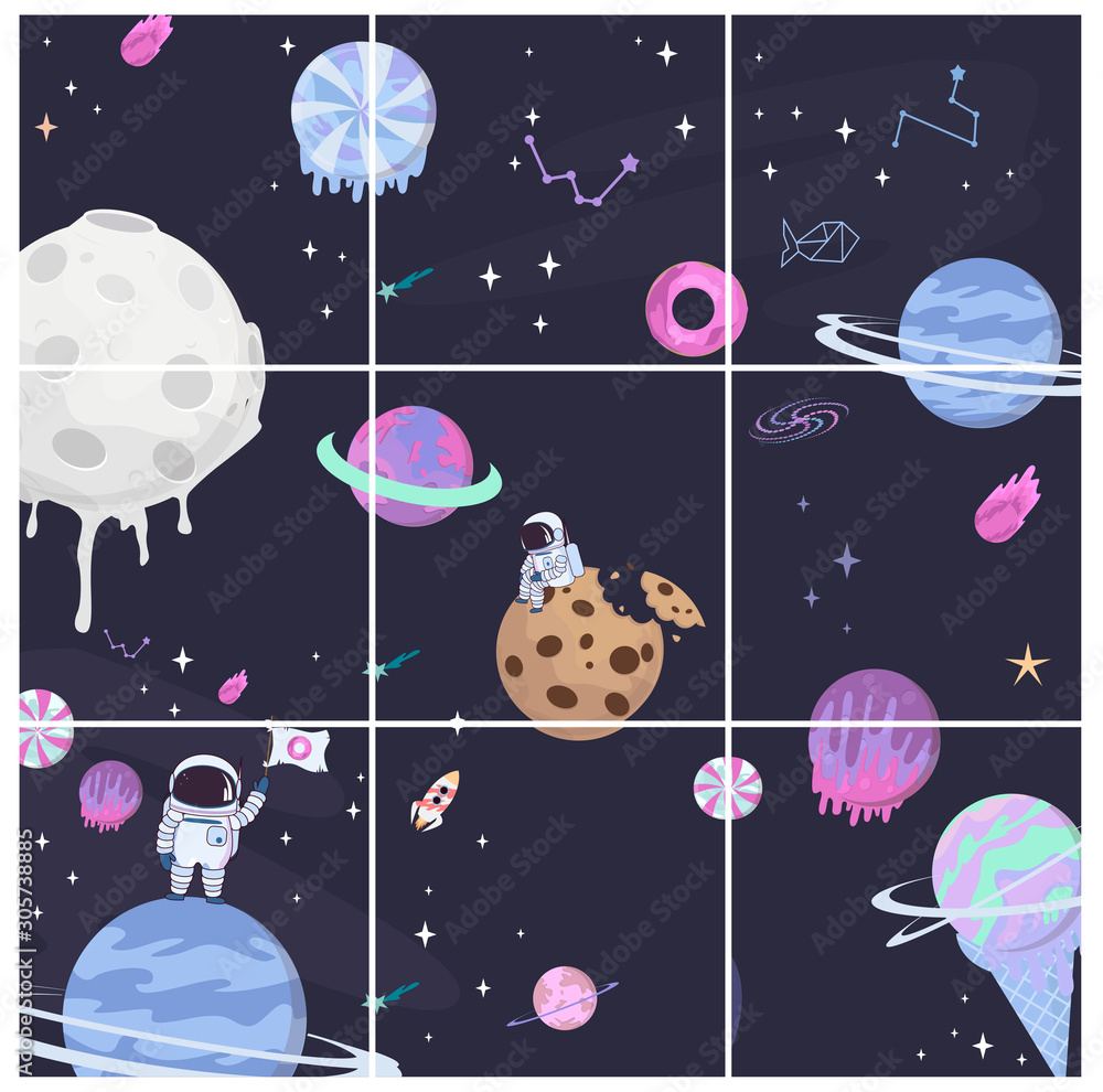 Collection of Sweet space cartoon continuous background with fantasy ...