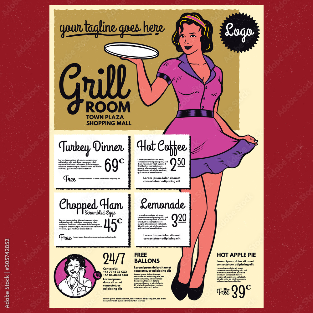 Vintage diner poster menu template. Retro waitress with a tray. Stock ...