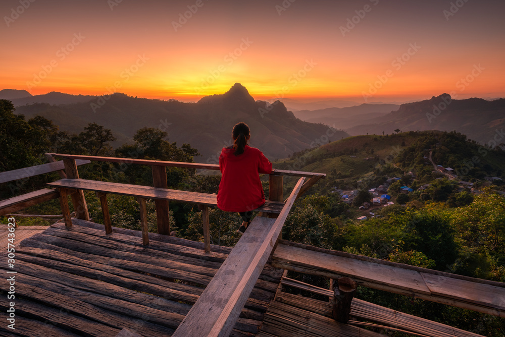 Asian women looking sunset viewpoint in Pang Mapha,Mae Hong Son ...