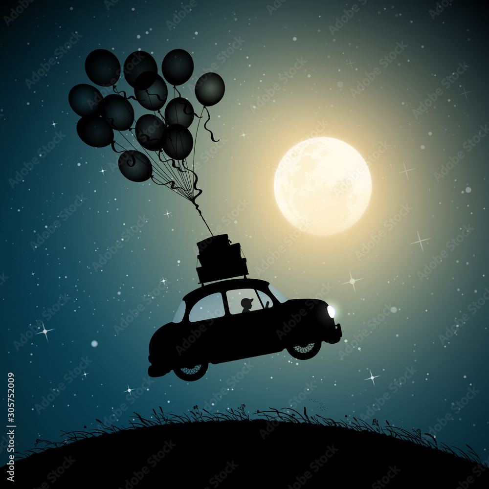 Retro car flies on balloons on moonlit night. Funny vector illustration ...