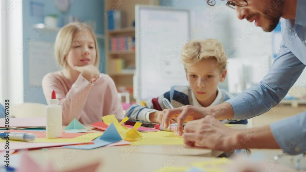Elementary School Arts & Crafts Class: Enthusiastic Teacher, Diverse ...