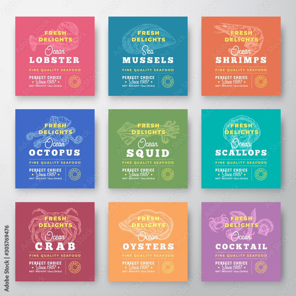 Fresh Seafood Delights Premium Quality Labels Bundle. Abstract Vector ...