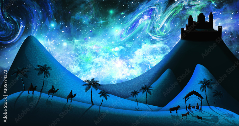 Christmas Nativity Scene Of Three Wise Men Magi Going To Meet Baby ...