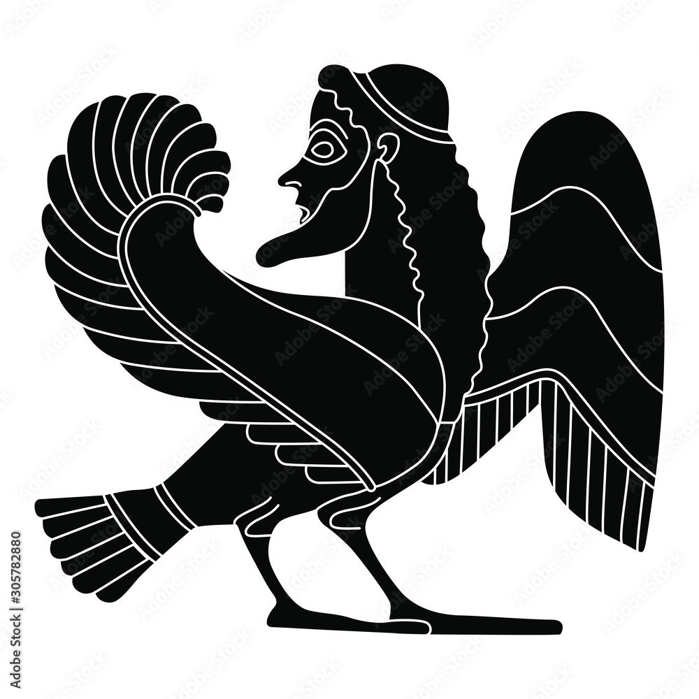 Fantastic ancient Greek creature. Winged bird man. Male siren or harpy ...