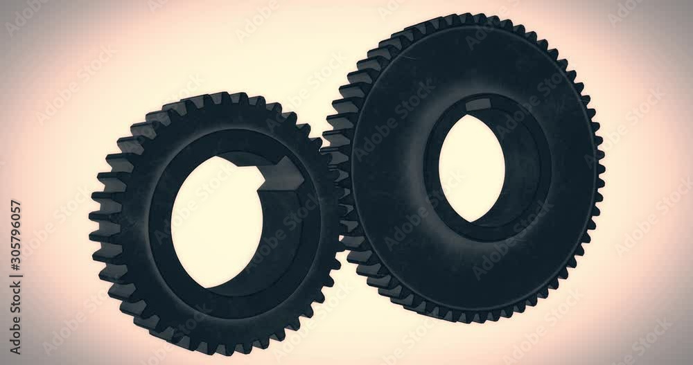 Two tooth metal gears wheel spinning background.Steel cogs and shafts ...
