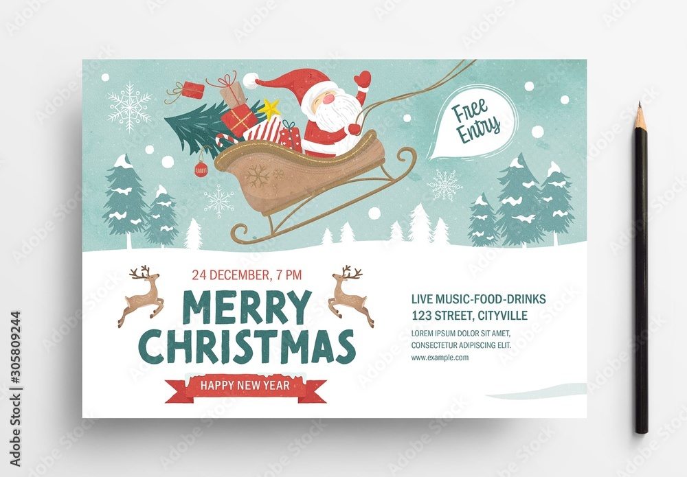 Holiday Event Flyer Layout with Santa Scene Illustrations Stock ...
